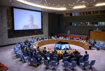 Miroslav Jenča (on screen), Assistant Secretary-General for Europe at the Department of Political and Peacebuilding Affairs briefing the Security Council.
